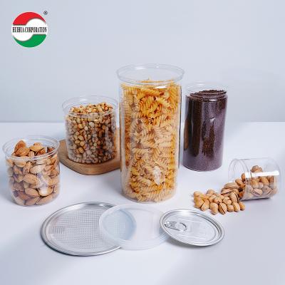 China Cylinder Clear Empty Transparent Plastic Cans Square Food Grade PET Plastic Jar With Easy Open Lids PP Cap For Food Packaging for sale