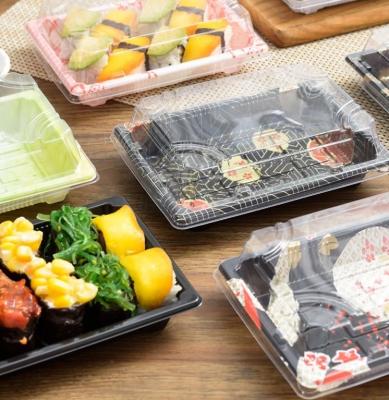 China Custom Cake Packaging Transparent Disposable Takeout Sushi Tray Rectangular Plastic Sushi Food Packing Tray Sushi Box with Lid for sale