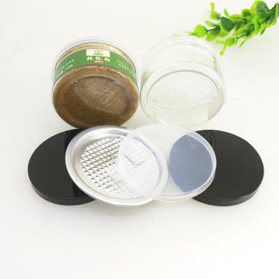 China Cbd Weed Easy Open Pull Ring Round Plastic Container Black Lid With Sticker for sale