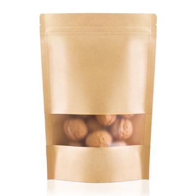 China Customized Logo Print Zip Lock Stand Up Pouches Brown Kraft Paper Bag With Window for sale