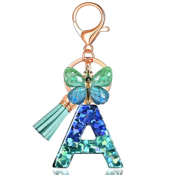 Quality GUGEER  Initial letter Keychains for Women Tassel Butterfly Pink Purple Cute Car Keychain for Wallet Backpack bag charm for sale