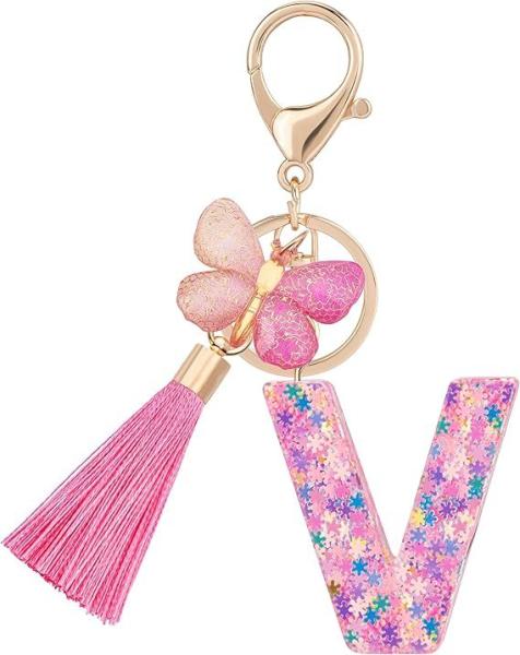 Quality GUGEER Fashion Alphabet Initial Letter Keychain, Women Tassel Butterfly Pink Purple Cute Car Keyrin, Pink and Gold Resin Alphabet Keychain, Tassel Butterfly Pendant Key Ring for Wallet for sale