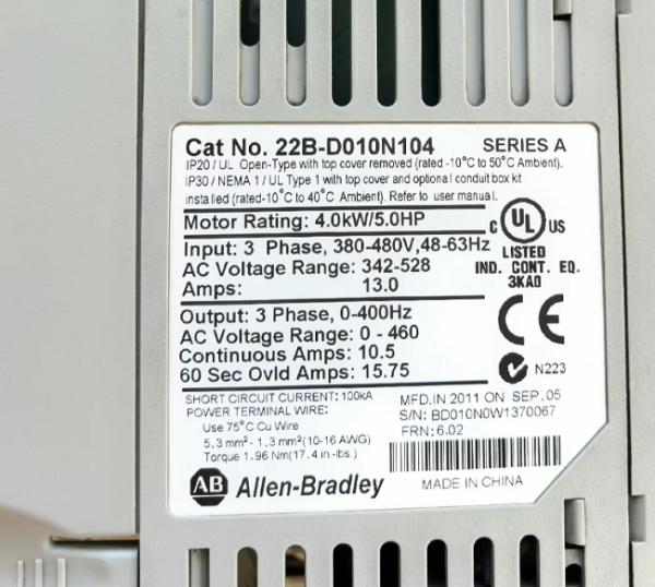 Quality Allen Bradley 22B-D010N104 PowerFlex 40 4 KW (5 HP) AC Drive 480VAC VFD Drives for sale