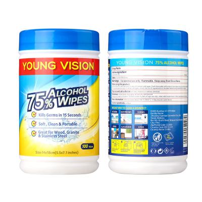 China Hot sell 100pcs 75% alcohol disinfect wipes hand sanitizing wipes bucket for sale