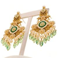 Quality Customizable Bohemian Gold Tone Jhumka Earrings With Green Crystal Pearl Drop for sale