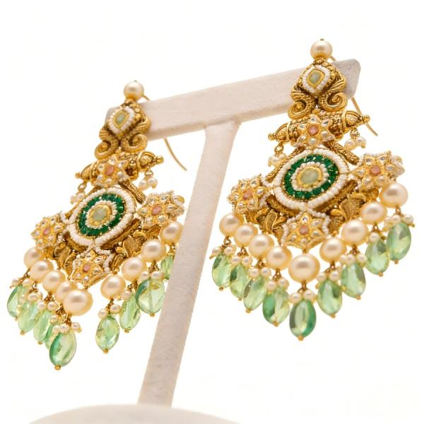 Quality Customizable Bohemian Gold Tone Jhumka Earrings With Green Crystal Pearl Drop for sale