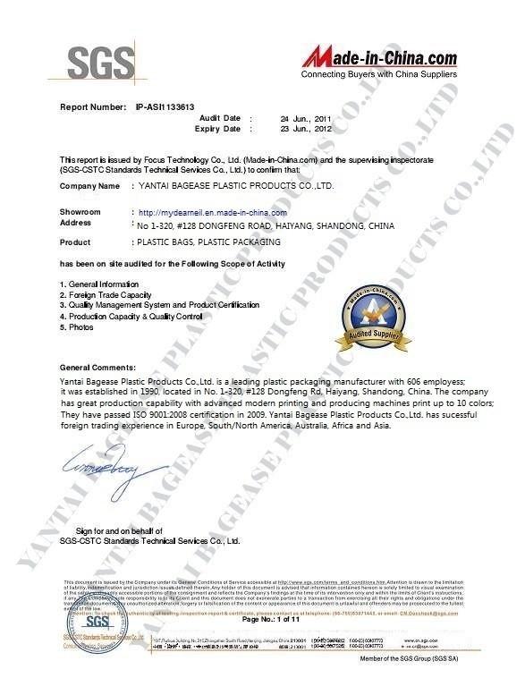 ISO, FDA, SGS, HACCP, EN13432 - YANTAI BAGEASE RECYCLABLE PACKAGING PRODUCTS CO.,LTD.