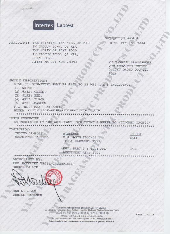 ISO, FDA, SGS, HACCP, EN13432 - YANTAI BAGEASE RECYCLABLE PACKAGING PRODUCTS CO.,LTD.