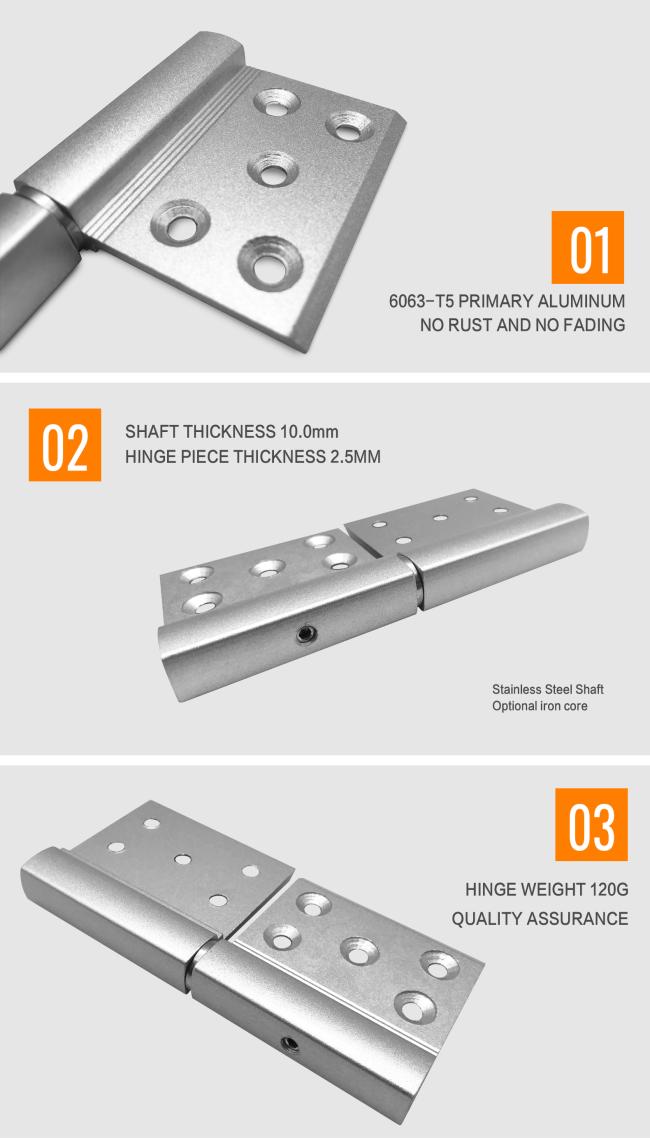 Flat aluminum hinge for flush doors - close-up detail