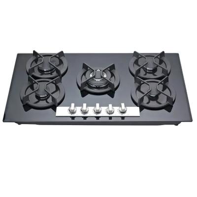 China Electronic Ignition Built In Gas Hob 5 Burners With Heavy Duty Cast Iron Pan Support Panel Glass for sale