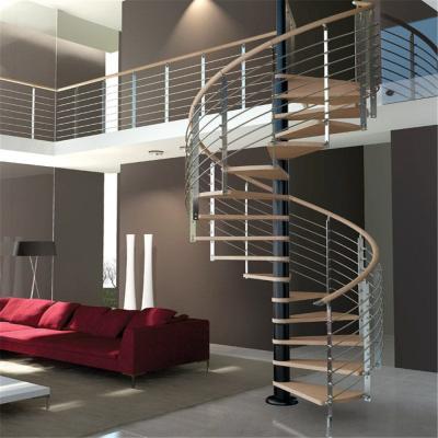 China Luxury Wood Tread Stainless Steel Railing Indoor Use Spiral Staircase for sale