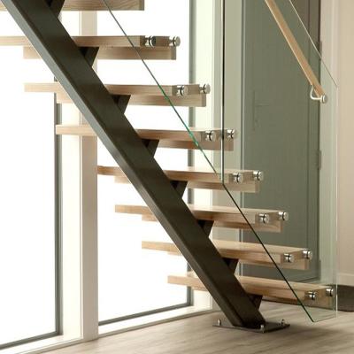 China Glass railing straight staircase with oak wooden steps design for sale
