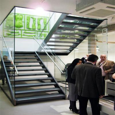 China Iron straight staircase with toughed glass rail for indoor use for sale