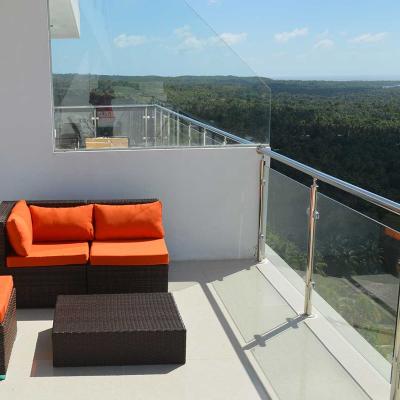 China Outdoor wood stair railing with stainless baluster glass design for sale