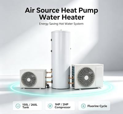 China Low Noise Air Source Heat Pump Water Heater 150L/260L Tank 1HP/2HP Compressor Fluorine Cycle Energy Saving Hot Water System for sale