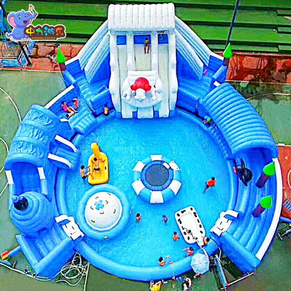Quality 0.5mm PVC Inflatable Floating Jumping Castle Pool Slide Waterpark Interactive for sale