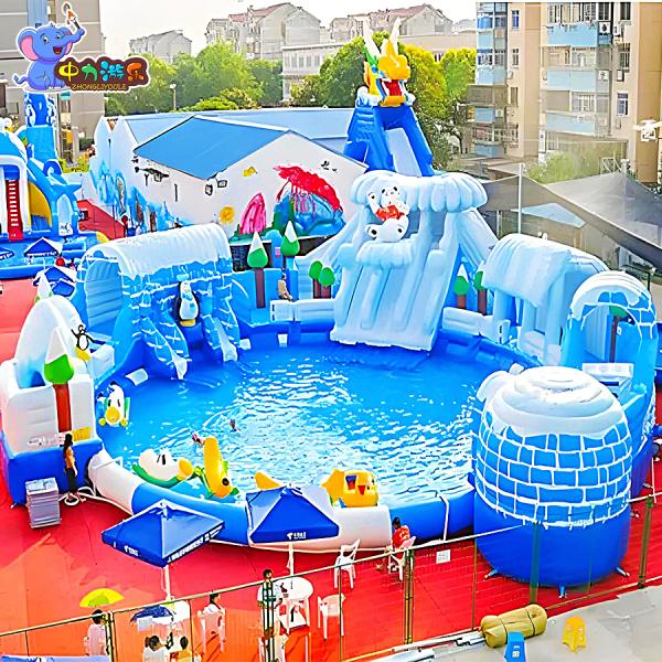 Quality 0.5mm PVC Inflatable Floating Jumping Castle Pool Slide Waterpark Interactive for sale