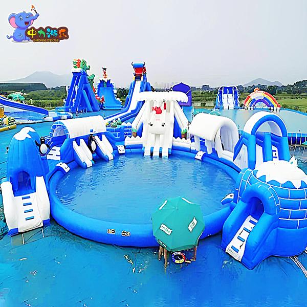 Quality 0.5mm PVC Inflatable Floating Jumping Castle Pool Slide Waterpark Interactive for sale