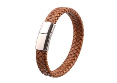 China Genuine Leather Stainless Steel Bangle Bracelets With Magnetic Clasp for sale