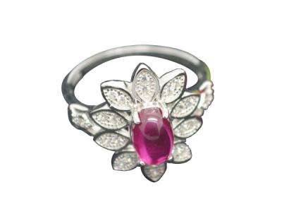China Women Floer Shape 925 Sterling Silver Rings With Clear Petal / Red Zircon for sale