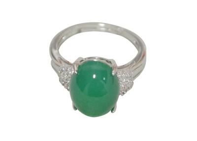 China Oval Green Jade Sterling Silver CZ Rings , Rhodium Plated Classic Silver Rings for sale