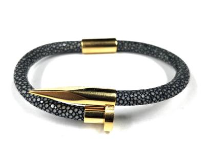 China Handmade Stainless Steel Bangle Bracelets Genuine Python Leather Nail Bracelet Bangle for sale