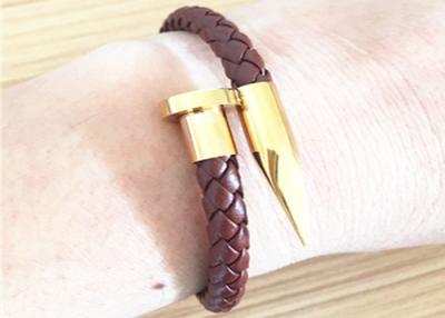 China Handmade Magnetic Genuine Leather Bracelet 18k Gold Plated Spike Shape for sale