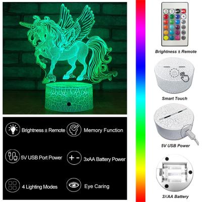 China Harmless Multicolor 3D Night Light Unicorn , Practical 3D Unicorn Illusion Night Lamp for sale
