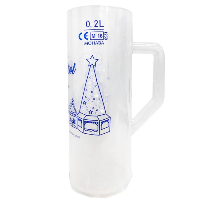 Custom 200ml PS plastic beer stein with handle featuring full-color logo printing