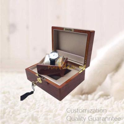 China Custom Luxury Wooden Watch Display Watch Gift Box, High Gloss Burlwood Walnut Color, Faux Leather Lined Inner, with Key for sale