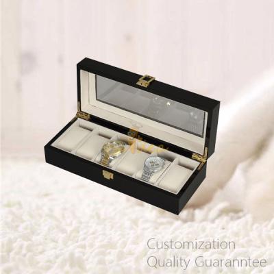 China Matte Black MDF Wooden Watch Storage Display Box Chest with Window on Lid, 6 Slots Holding Standard Timepieces. for sale