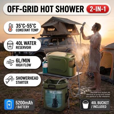 China Off-Grid Tent Shower 2-in-1 Bucket 10kW Propane Water Heater 6L Flow for sale