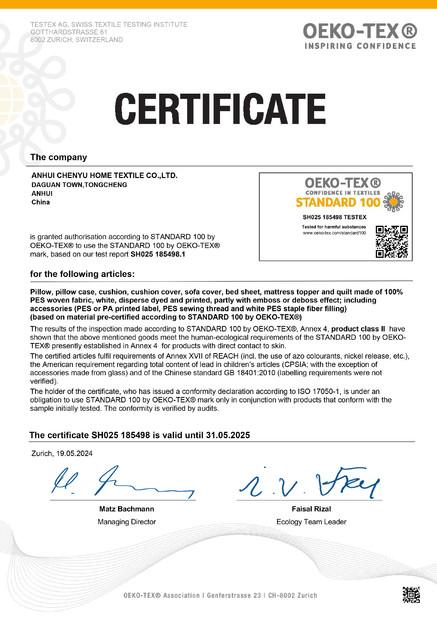 STANDARD 100 by OEKO-TEX® - Anhui Chenyu Home Textile Co., Ltd.