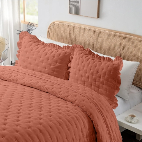 Ruffled edge quilted embroidered summer comforter set in green