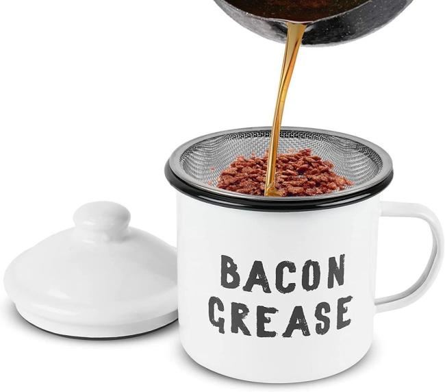 Bacon Fat Can Ceramic Bacon Grease Oil Container Keeper with Strainer Enamel for Grease Drippings and Storage