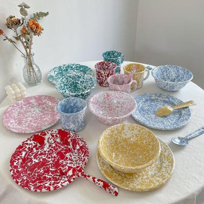 China Health Care Enamel Coating Double Coating Marble Dinnerware Set Mug Bowl Plate Camping Tableware Set for sale