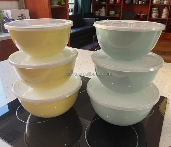 Quality 0.5mm Thickness Enamel Mixing Bowl Set 3PCS Enamelware Bowls With Plastic Lid OEM Logo for sale