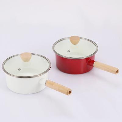 China Carbon Steel Mini Saucepan with Wooden Handle Enamel Coating 304 Steel Rim for sale