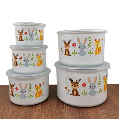 China Eco Friendly Metal Enamel Container Set 10 12 14 16 18cm Enamel Storage Bowl With PP Seal for sale