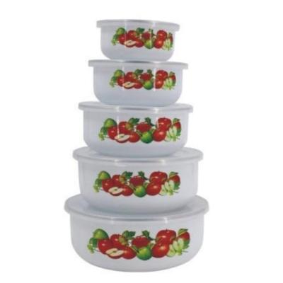China Carbon Steel Enamel Container Set Food Enamel Ice Bowl Sets With Plastic Lid for sale