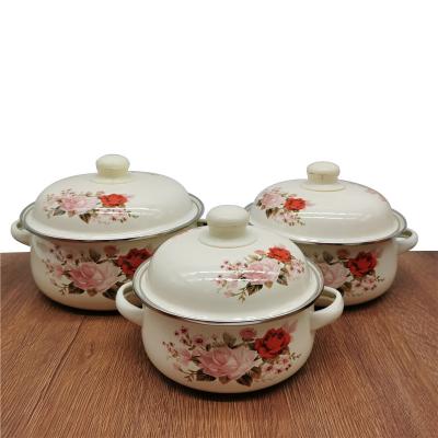 China Handmade Custom Enamel Casserole Pot White Enamel Coating Flower Decal Soup Stew Pot for sale