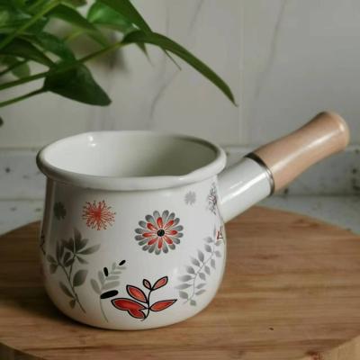 China Customized Logo Small Enamel Saucepan 550ml Warmer Pot With Wooden Handle for sale