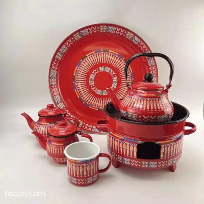 China Eco Friendly Enamel Tableware Teapot Sets Saudi Type Colorful Traditional Patterns for sale