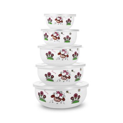China Classical Style Custom Flower Decal Enamelware Ice Bowl Food Container With Plastic Lid for sale