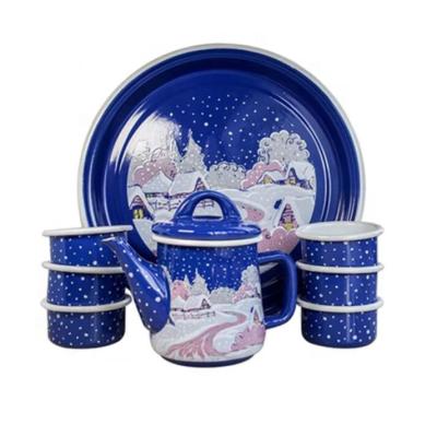 China Carbon Steel Enamel Hotel Gift Kettle Tray Set Accompanied with Mugs OEM Service for sale