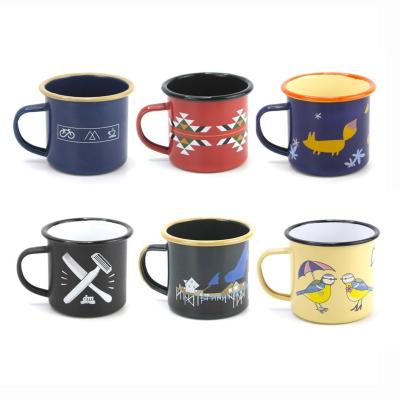 China Handmade 12 Oz Enamel Custom Style Coffee Mug Camping Stoneware Enamel Mug with C Shape Handle for sale