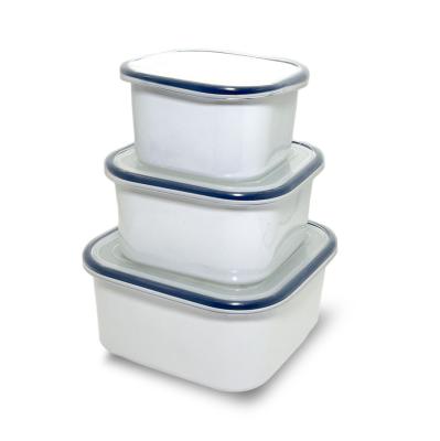 China Classical Style 8cm Square Enamel Coating Bowl Set Food Storage Container with Lid for sale