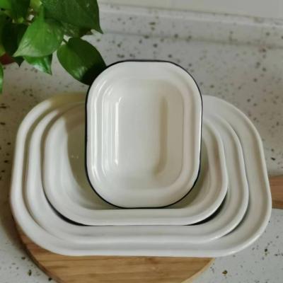 China Customized Cast Iron Steel Enamel Serving Dish Plate With 304 Steel Rolled Edge Rim for sale