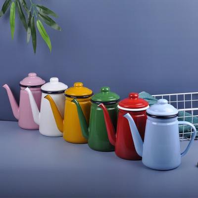 China Customized Color Enamelled Metal Steel Long Mouth Tea Coffee Serving Pot 0.9L 1.2L 1.5L 2.1L for Parties Indoor Outdoor for sale