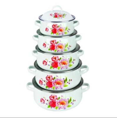 China Enamel Casserole Hot Pot Cookware Set 5 PCS Glass Lid Flower Pattern for sale